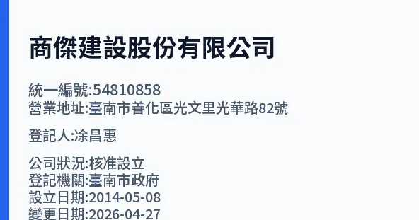 商傑建設股份有限公司的照片-統編 54810858(臺南市) 公司登記資料與營業項目詳細圖表