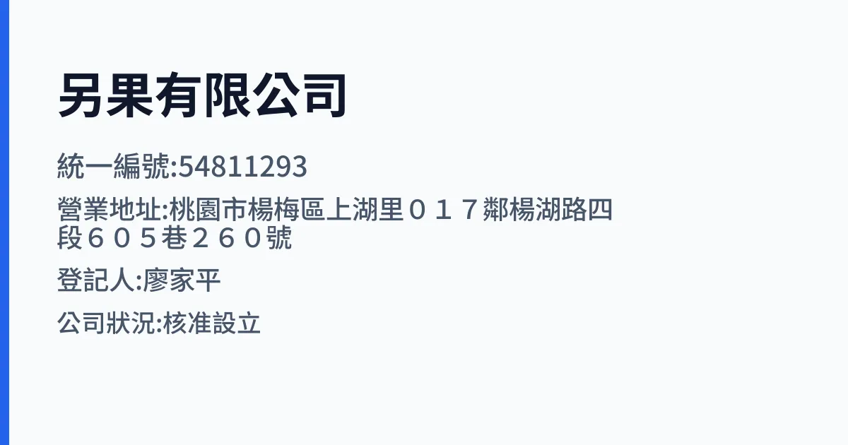 另果有限公司 - 統編 54811293(桃園市) 公司登記資料與營業項目詳細圖表