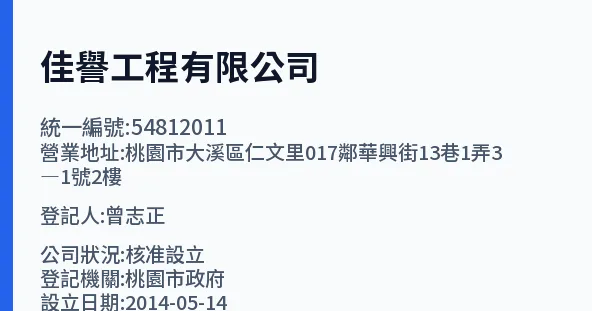 佳譽工程有限公司的照片-統編 54812011(桃園市) 公司登記資料與營業項目詳細圖表