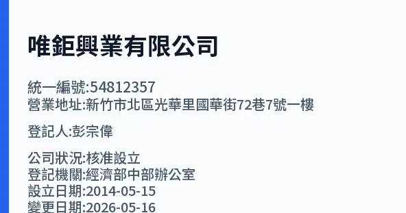 唯鉅興業有限公司的照片-統編 54812357(新竹市) 公司登記資料與營業項目詳細圖表