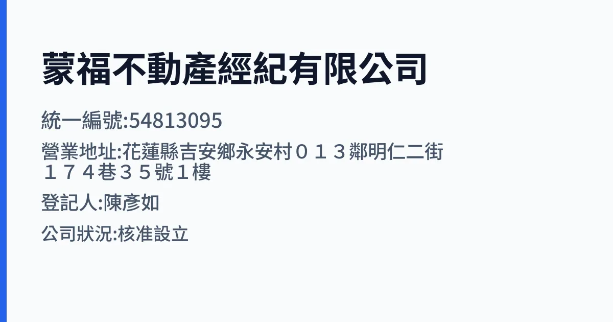 蒙福不動產經紀有限公司 - 統編 54813095(花蓮縣) 公司登記資料與營業項目詳細圖表