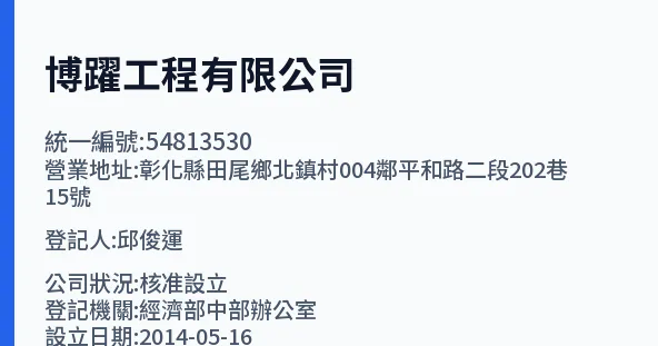 博躍工程有限公司的照片-統編 54813530(彰化縣) 公司登記資料與營業項目詳細圖表