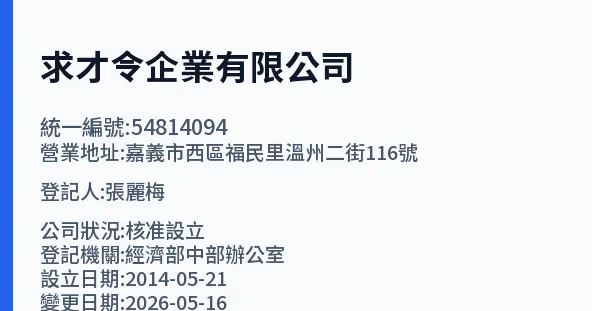 求才令企業有限公司的照片-統編 54814094(嘉義市) 公司登記資料與營業項目詳細圖表