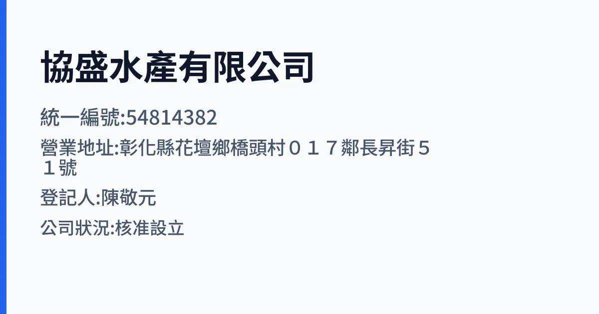 協盛水產有限公司 - 統編 54814382(彰化縣) 公司登記資料與營業項目詳細圖表