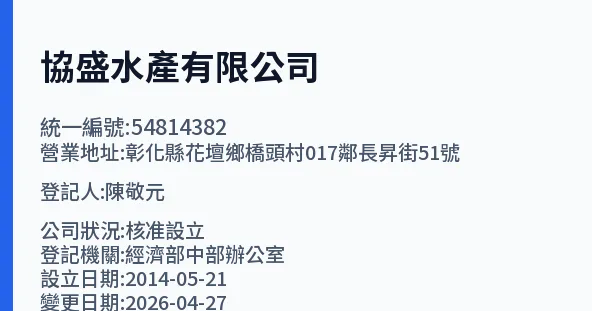 協盛水產有限公司的照片-統編 54814382(彰化縣) 公司登記資料與營業項目詳細圖表