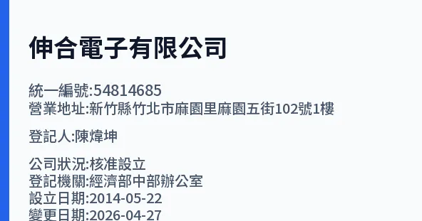伸合電子有限公司的照片-統編 54814685(新竹縣) 公司登記資料與營業項目詳細圖表