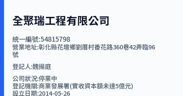 全聚瑞工程有限公司的照片-統編 54815798(彰化縣) 公司登記資料與營業項目詳細圖表