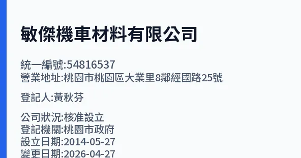 敏傑機車材料有限公司的照片-統編 54816537(桃園市) 公司登記資料與營業項目詳細圖表