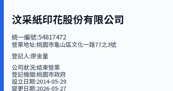 汶采紙印花股份有限公司的照片-統編 54817472(桃園市) 公司登記資料與營業項目詳細圖表