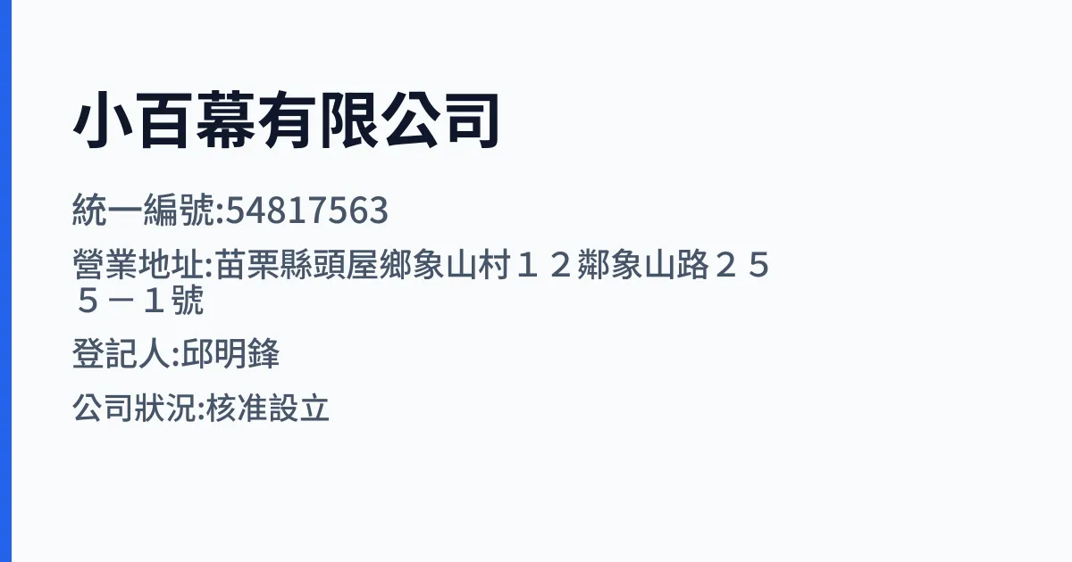 小百幕有限公司 - 統編 54817563(苗栗縣) 公司登記資料與營業項目詳細圖表