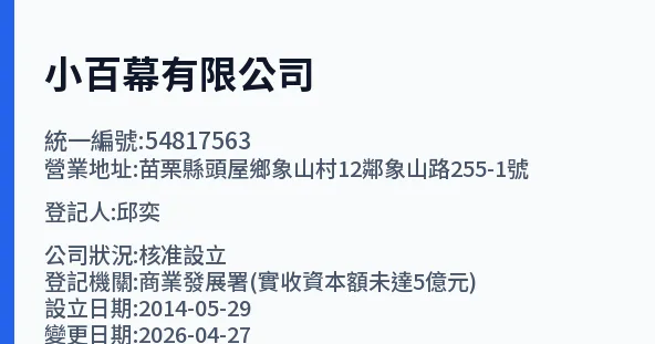 小百幕有限公司的照片-統編 54817563(苗栗縣) 公司登記資料與營業項目詳細圖表