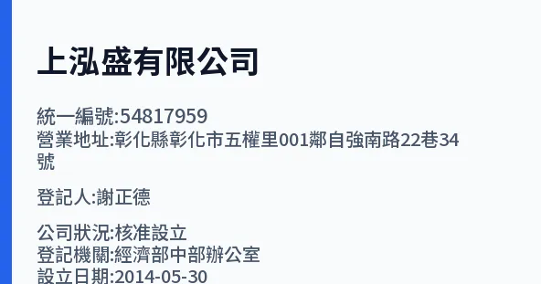 上泓盛有限公司的照片-統編 54817959(彰化縣) 公司登記資料與營業項目詳細圖表