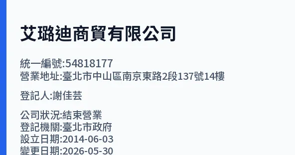 艾璐迪商貿有限公司的照片-統編 54818177(臺北市) 公司登記資料與營業項目詳細圖表