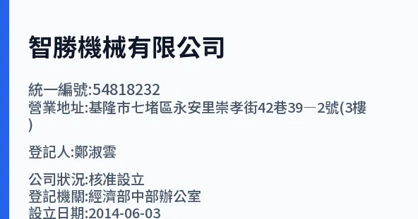 智勝機械有限公司的照片-統編 54818232(基隆市) 公司登記資料與營業項目詳細圖表