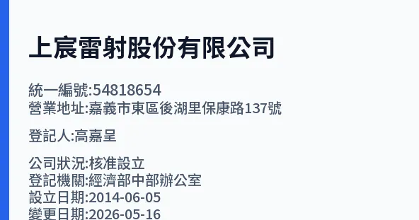 上宸雷射股份有限公司的照片-統編 54818654(嘉義市) 公司登記資料與營業項目詳細圖表