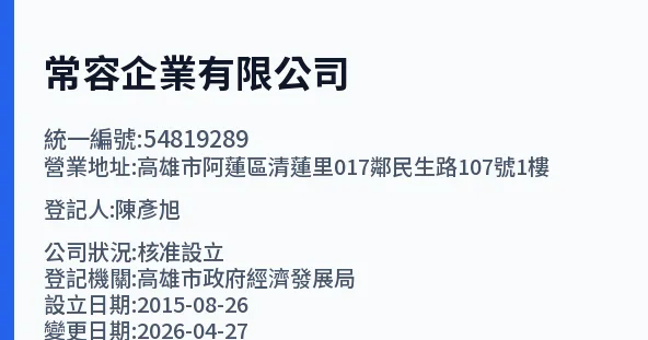常容企業有限公司的照片-統編 54819289(高雄市) 公司登記資料與營業項目詳細圖表