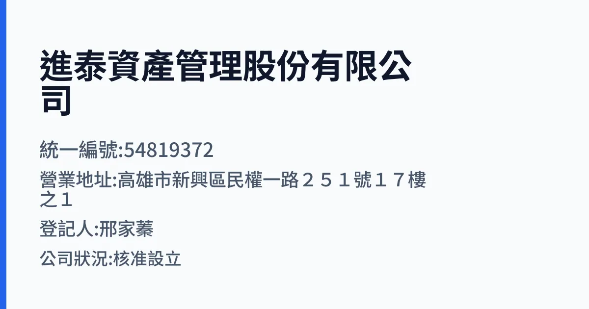 進泰資產管理股份有限公司 - 統編 54819372(高雄市) 公司登記資料與營業項目詳細圖表