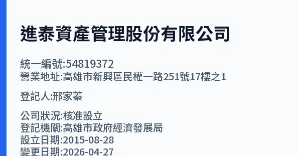 進泰資產管理股份有限公司的照片-統編 54819372(高雄市) 公司登記資料與營業項目詳細圖表