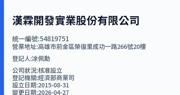 漢霖開發實業股份有限公司的照片-統編 54819751(高雄市) 公司登記資料與營業項目詳細圖表