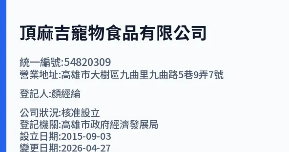 頂麻吉寵物食品有限公司的照片-統編 54820309(高雄市) 公司登記資料與營業項目詳細圖表