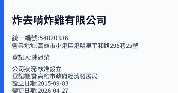 炸去啃炸雞有限公司的照片-統編 54820336(高雄市) 公司登記資料與營業項目詳細圖表