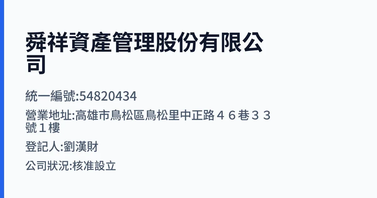 舜祥資產管理股份有限公司 - 統編 54820434(高雄市) 公司登記資料與營業項目詳細圖表