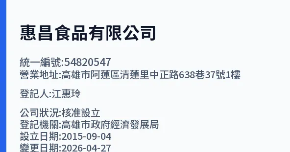 惠昌食品有限公司的照片-統編 54820547(高雄市) 公司登記資料與營業項目詳細圖表