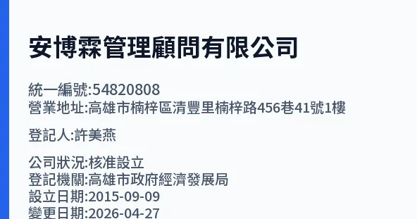 安博霖管理顧問有限公司的照片-統編 54820808(高雄市) 公司登記資料與營業項目詳細圖表