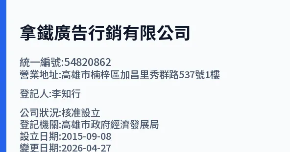 拿鐵廣告行銷有限公司的照片-統編 54820862(高雄市) 公司登記資料與營業項目詳細圖表