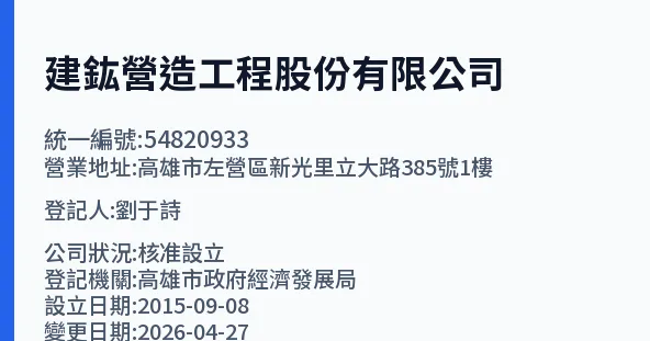 建鈜營造工程股份有限公司的照片-統編 54820933(高雄市) 公司登記資料與營業項目詳細圖表