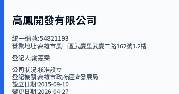 高鳳開發有限公司的照片-統編 54821193(高雄市) 公司登記資料與營業項目詳細圖表
