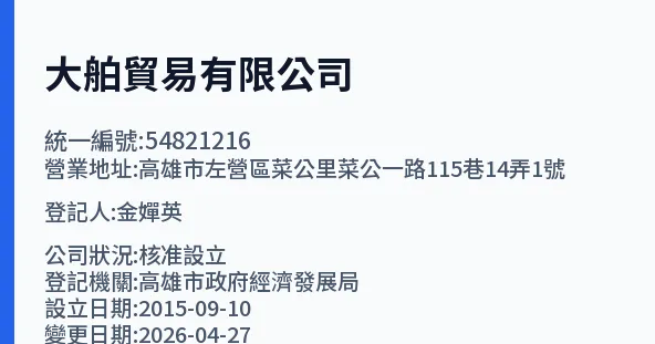 大舶貿易有限公司的照片-統編 54821216(高雄市) 公司登記資料與營業項目詳細圖表