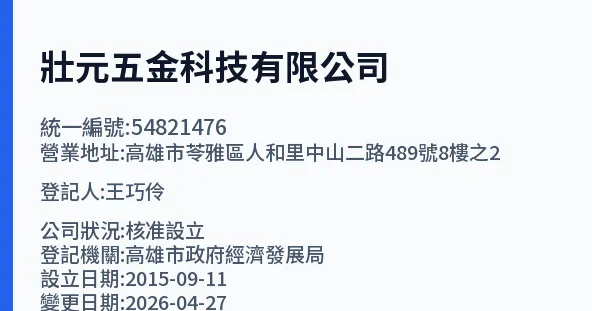壯元五金科技有限公司的照片-統編 54821476(高雄市) 公司登記資料與營業項目詳細圖表