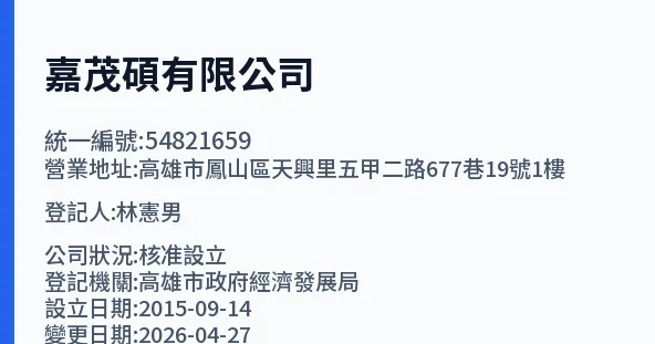 嘉茂碩有限公司的照片-統編 54821659(高雄市) 公司登記資料與營業項目詳細圖表