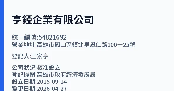 亨錏企業有限公司的照片-統編 54821692(高雄市) 公司登記資料與營業項目詳細圖表