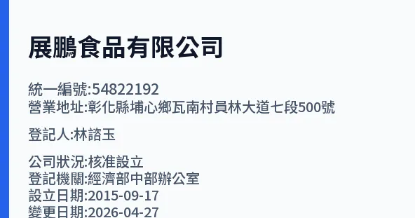 展鵬食品有限公司的照片-統編 54822192(彰化縣) 公司登記資料與營業項目詳細圖表