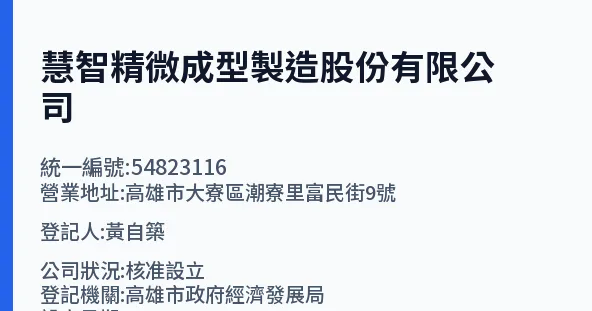 慧智精微成型製造股份有限公司的照片-統編 54823116(高雄市) 公司登記資料與營業項目詳細圖表