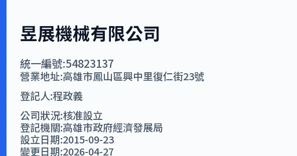 昱展機械有限公司的照片-統編 54823137(高雄市) 公司登記資料與營業項目詳細圖表