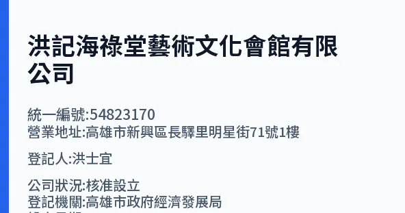 洪記海祿堂藝術文化會館有限公司的照片-統編 54823170(高雄市) 公司登記資料與營業項目詳細圖表
