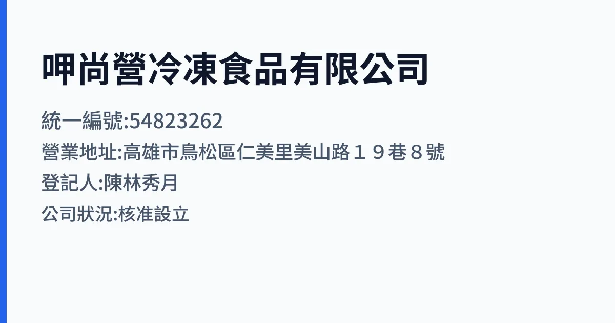 呷尚營冷凍食品有限公司 - 統編 54823262(高雄市) 公司登記資料與營業項目詳細圖表