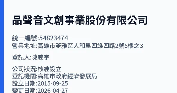 品聲音文創事業股份有限公司的照片-統編 54823474(高雄市) 公司登記資料與營業項目詳細圖表