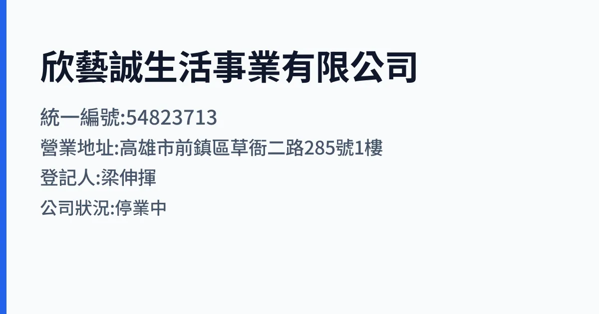 欣藝誠生活事業有限公司 - 統編 54823713(高雄市) 公司登記資料與營業項目詳細圖表
