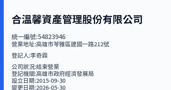 合溫馨資產管理股份有限公司的照片-統編 54823946(高雄市) 公司登記資料與營業項目詳細圖表