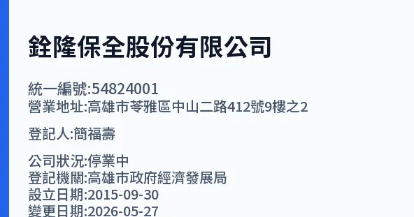 銓隆保全股份有限公司的照片-統編 54824001(高雄市) 公司登記資料與營業項目詳細圖表