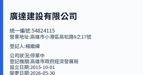 廣達建設有限公司的照片-統編 54824115(高雄市) 公司登記資料與營業項目詳細圖表