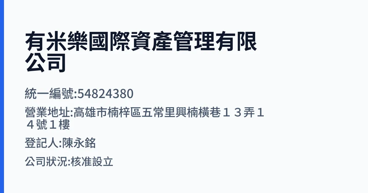 有米樂國際資產管理有限公司 - 統編 54824380(高雄市) 公司登記資料與營業項目詳細圖表