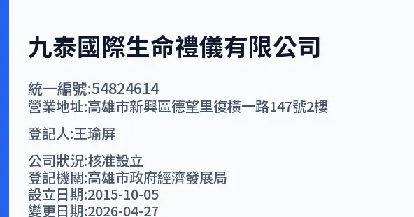 九泰國際生命禮儀有限公司的照片-統編 54824614(高雄市) 公司登記資料與營業項目詳細圖表