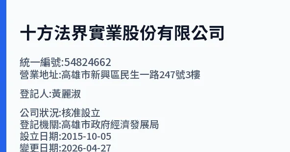 十方法界實業股份有限公司的照片-統編 54824662(高雄市) 公司登記資料與營業項目詳細圖表