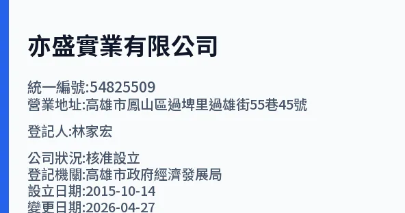 亦盛實業有限公司的照片-統編 54825509(高雄市) 公司登記資料與營業項目詳細圖表