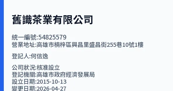 舊識茶業有限公司的照片-統編 54825579(高雄市) 公司登記資料與營業項目詳細圖表